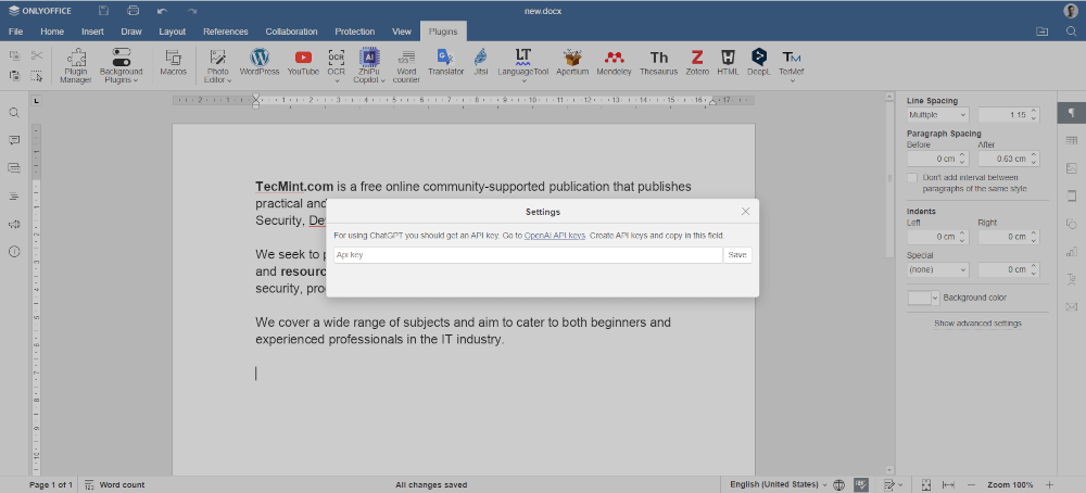 如何在Linux上的OnlyOffice文档中启用chatgpt